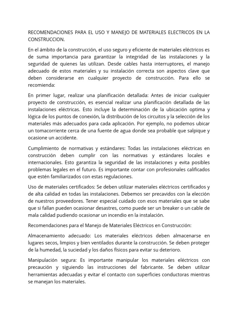 RECOMENDACIONES PARA EL USO Y MANEJO DE MATERIALES ELECTRICOS EN LA CONSTRUCCION | PDF ...
