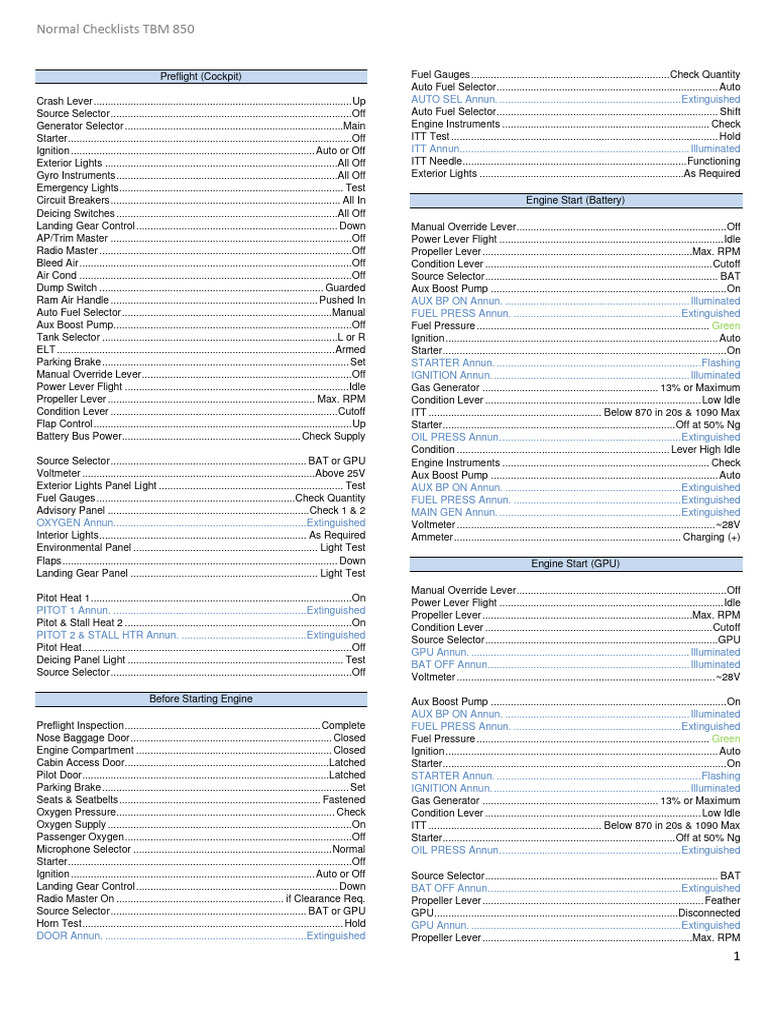 TBM850 Checklists | PDF | Manual Transmission | Landing Gear