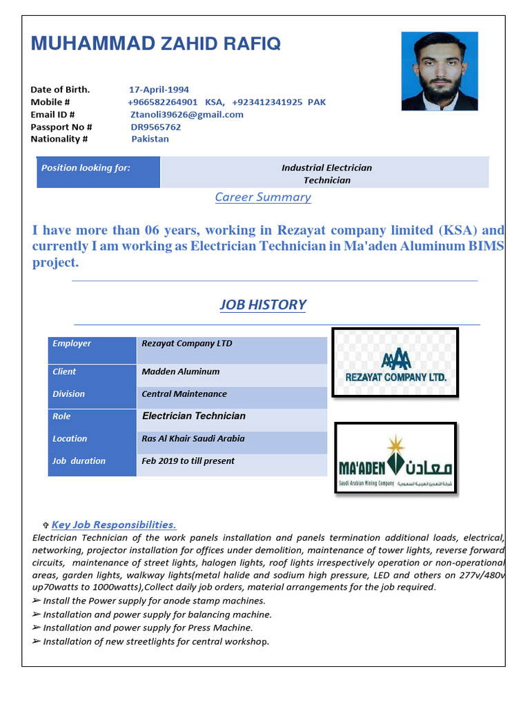 Zahid CV PDF | PDF | Electrician | Electrical Engineering