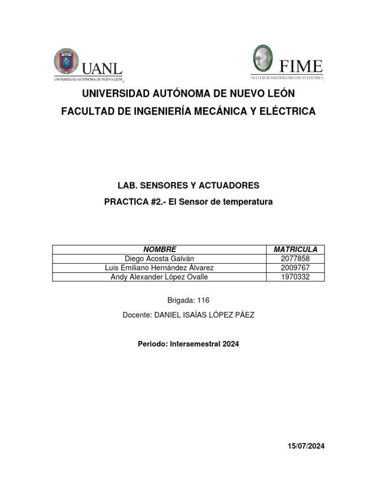 Practica2 LSyA - B116 | PDF | Sensor | Electricidad