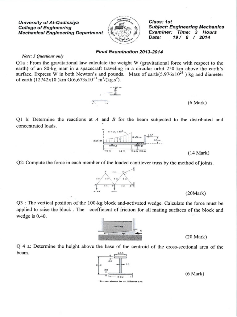 2013-2014 Engineering Final Exam Questions | PDF | Force | Mass