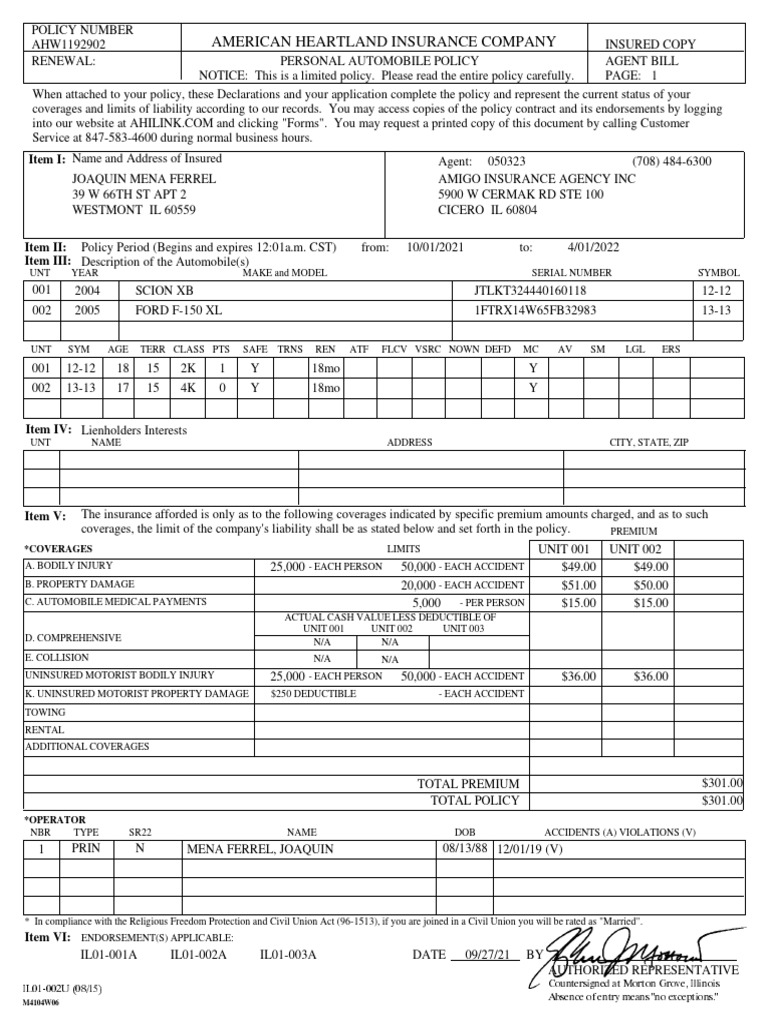 Personal Auto Insurance Policy Details | PDF | Insurance | Deductible