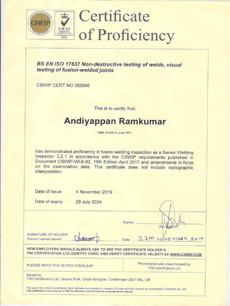 Cswip 3.2 Senior Welding Inspector Certificate | PDF