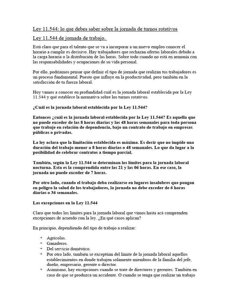 Ley 11544 Ejercicios Calculos | PDF | Derecho laboral | Tiempo de trabajo