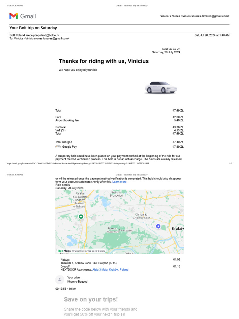 Bolt Trip Receipt - July 20, 2024 | PDF | Services (Economics) | Payments