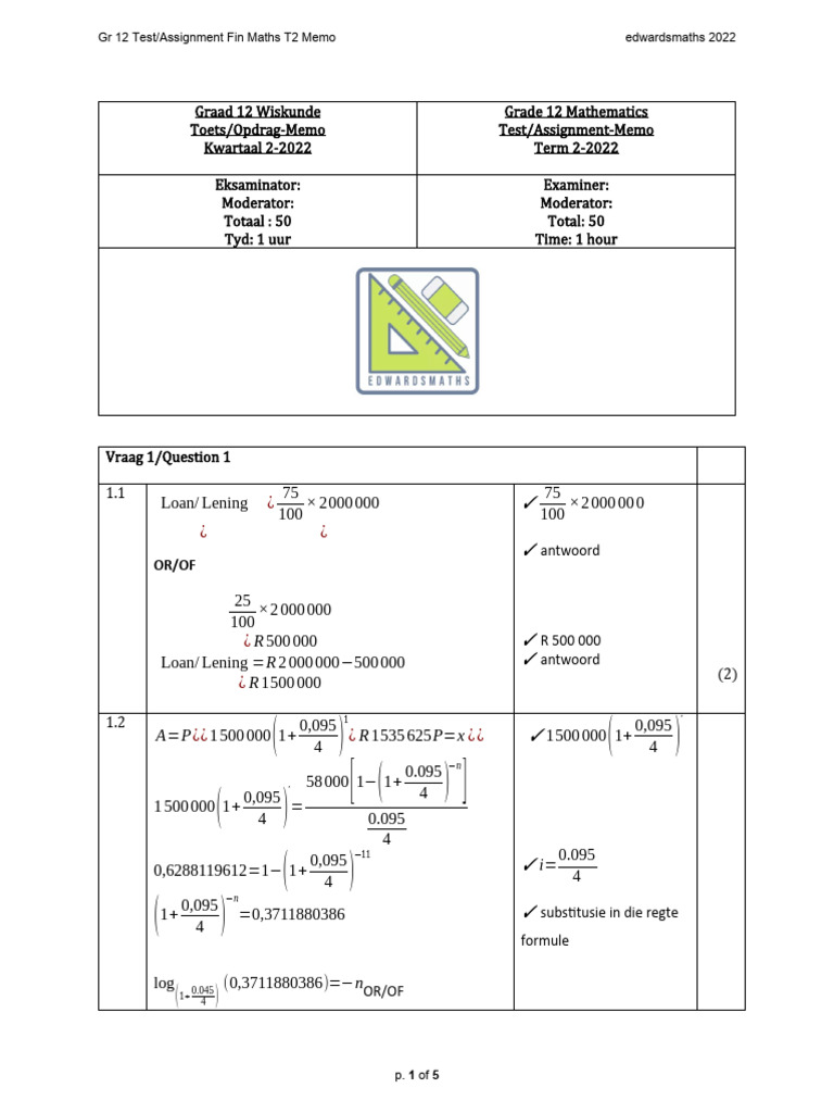 GR 12 Edwardsmaths Test or Assignment Fin Maths T2 2022 Memo | PDF ...