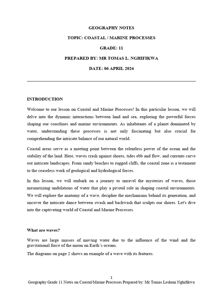 GEOGRAPHY NOTES Grade 11 Coatal or Marine Processes | PDF | Coast | Oceans