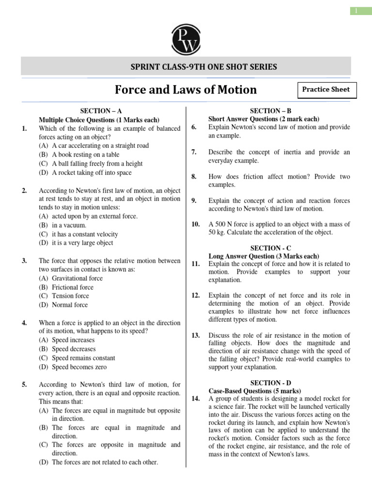 Force and Laws of Motion - Practice Sheet | PDF | Force | Newton's Laws ...