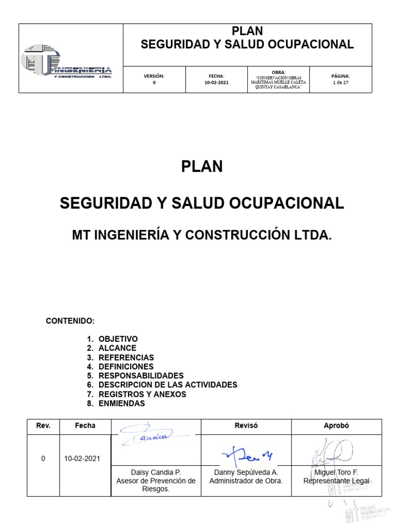 Plan de Seguridad y Salud Ocupacional para Obras | PDF | Seguridad y salud ocupacional | La ...