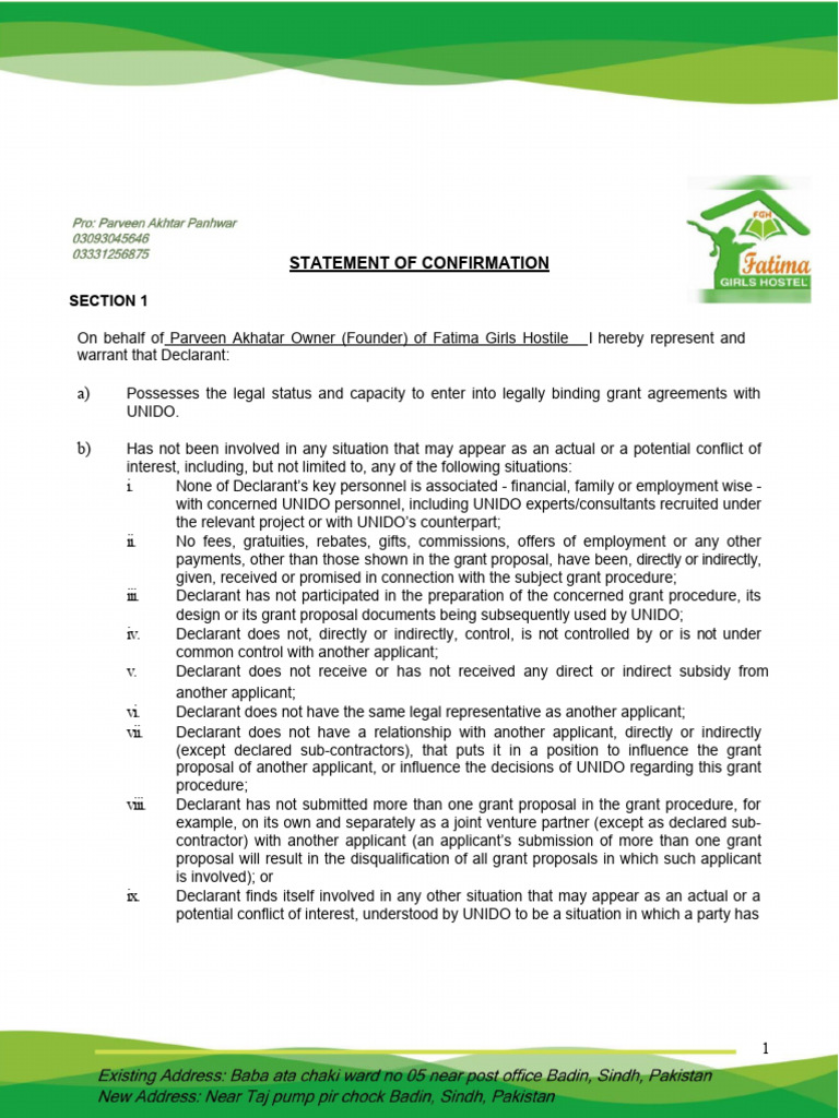 ANNEX 2 - STATEMENT OF CONFIRMATION (editable) (1) | PDF | Conflict Of ...