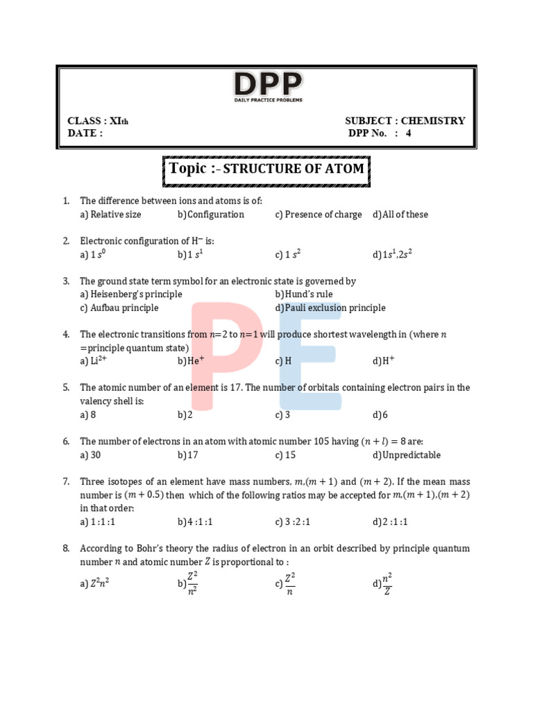 Structure of Atom DPP 4 | PDF | Atoms | Electron