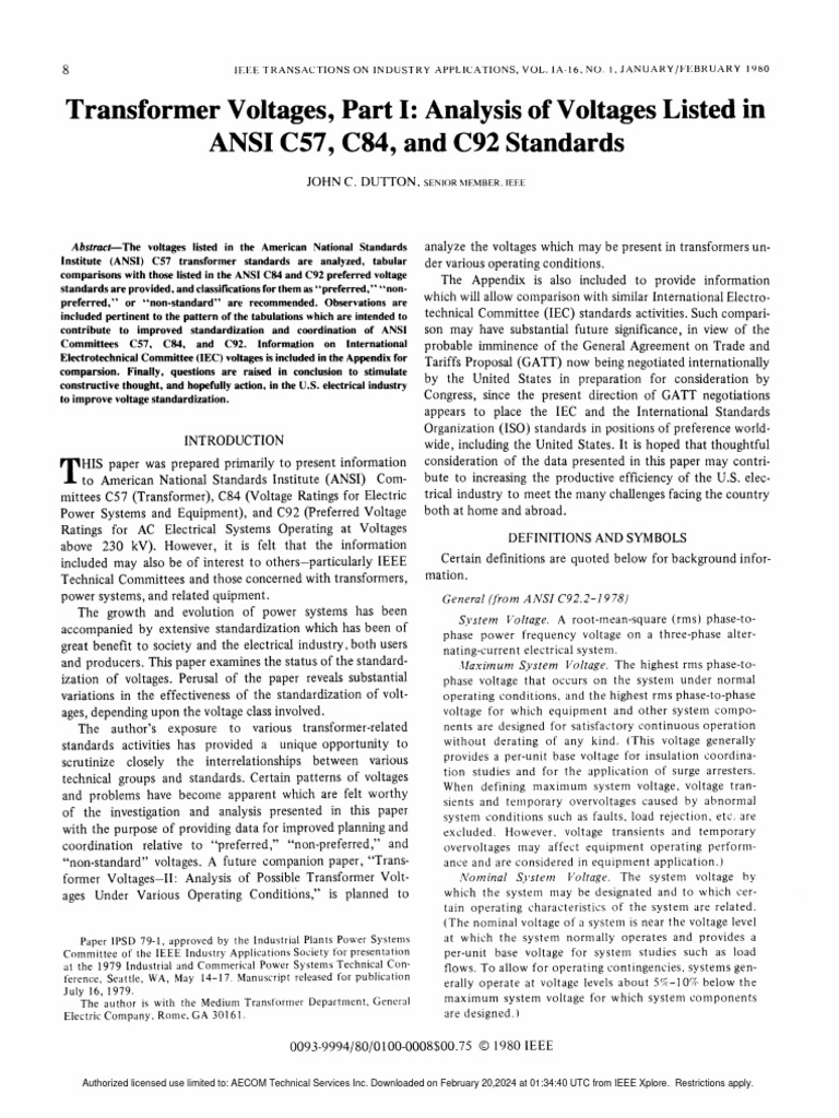 Transformer Voltages Part I Analysis of Voltages Listed in ANSI C57 C84 and C92 Standards | PDF ...