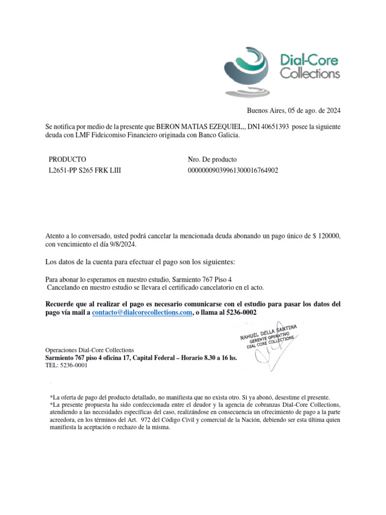 Convenio de Pago COMAFI GALICIA FRKL BERON MATIAS EZEQUIEL, - DNI ...