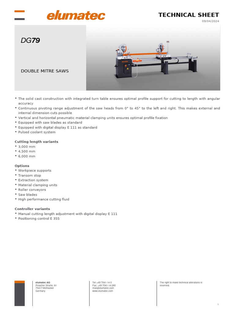 Elumatec DG79 Double Mitre Saw Overview | PDF