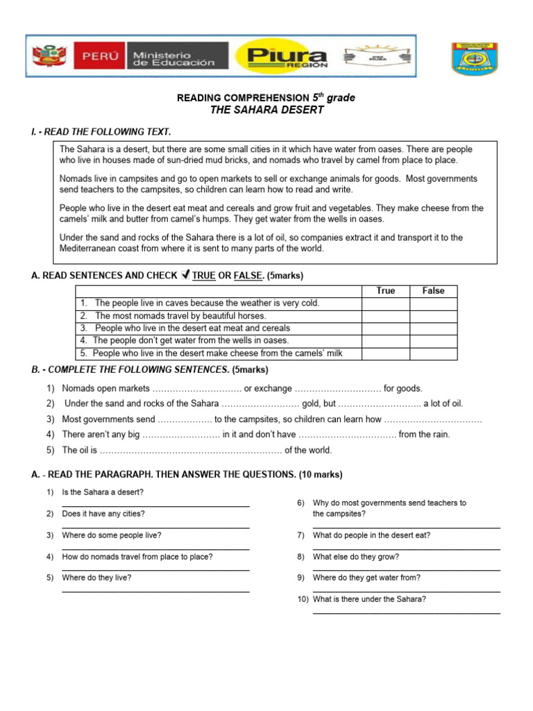 READING COMPREHENSION 5th Grade | PDF | Desert | Camel