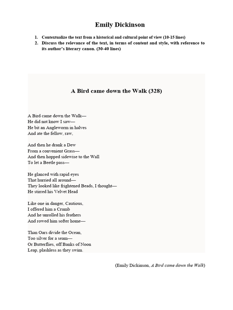 Emily Dickinson's "A Bird Came Down" Analysis | PDF | Classics
