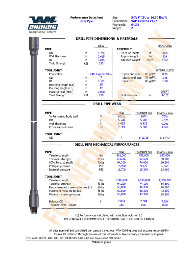 VAM Express VX57 Drill Pipe Datasheet | PDF | Pipe (Fluid Conveyance ...