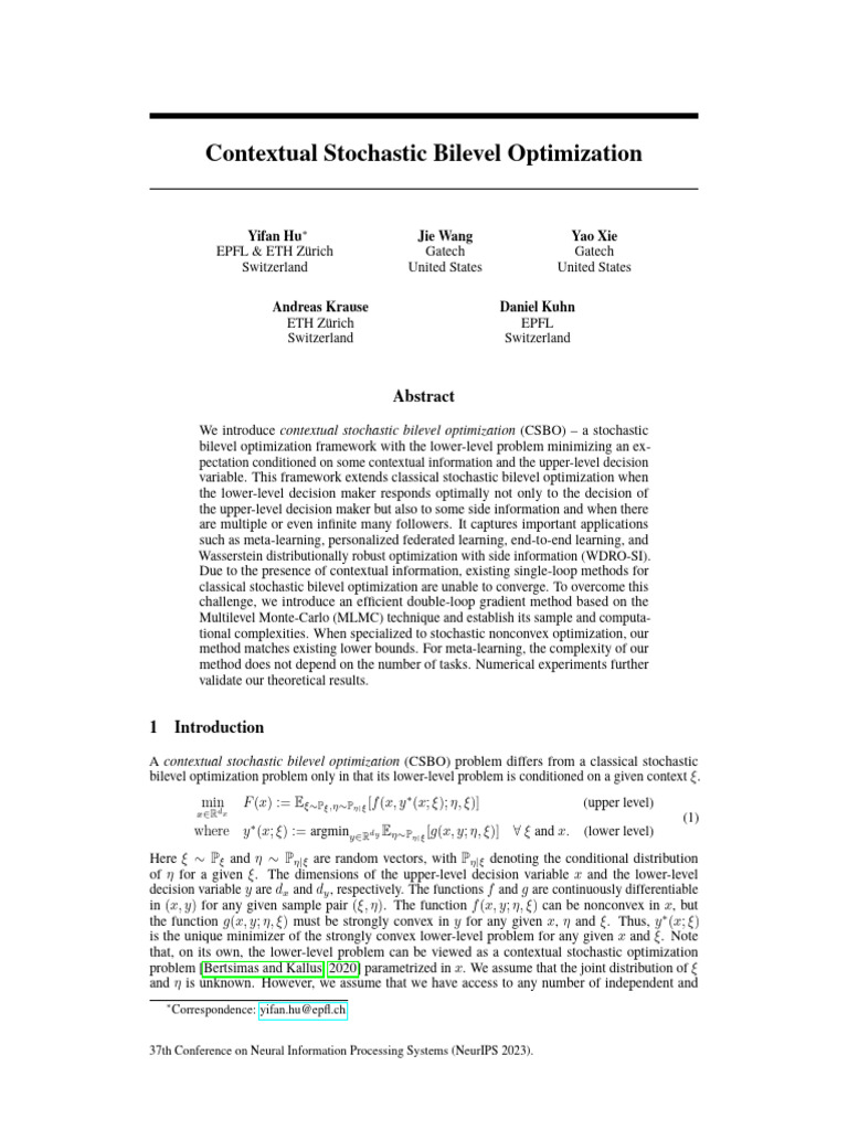 NeurIPS 2023 Contextual Stochastic Bilevel Optimization Paper Conference | PDF | Mathematical ...