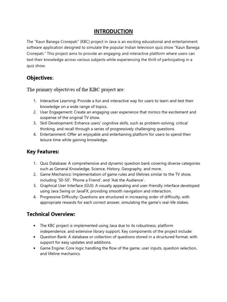 INTRODUCTION in Java Projec - KBC | PDF | Java (Programming Language) | Usability