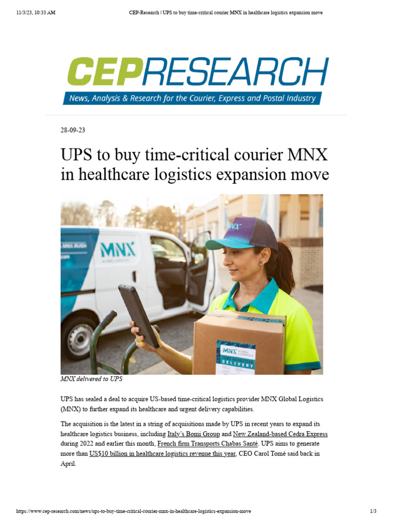 CEP-Research _ UPS to buy time-critical courier MNX in healthcare logistics expansion move | PDF ...