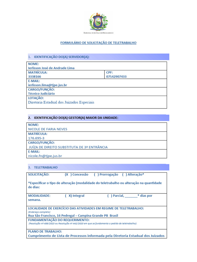 Formulario de Solicitacao de Teletrabalho | PDF