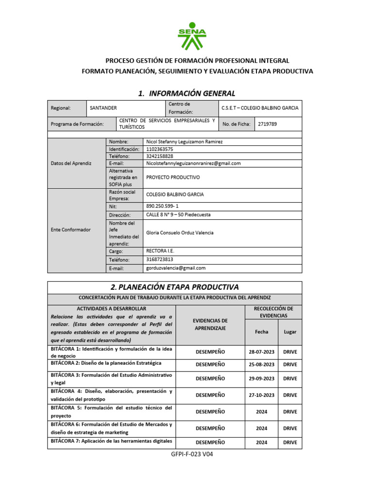 Etapa - ProductivaV4 - NICOL LEGUIZAMON | PDF | Planificación | Evaluación