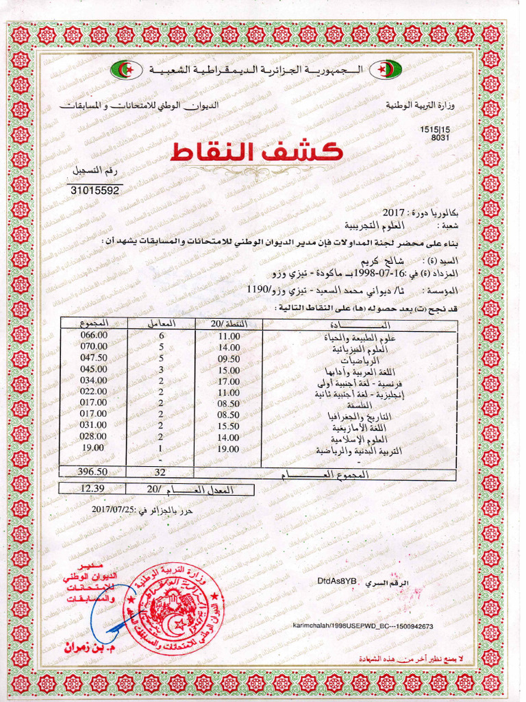 Relevé Bac Original CHALAH Karim | PDF