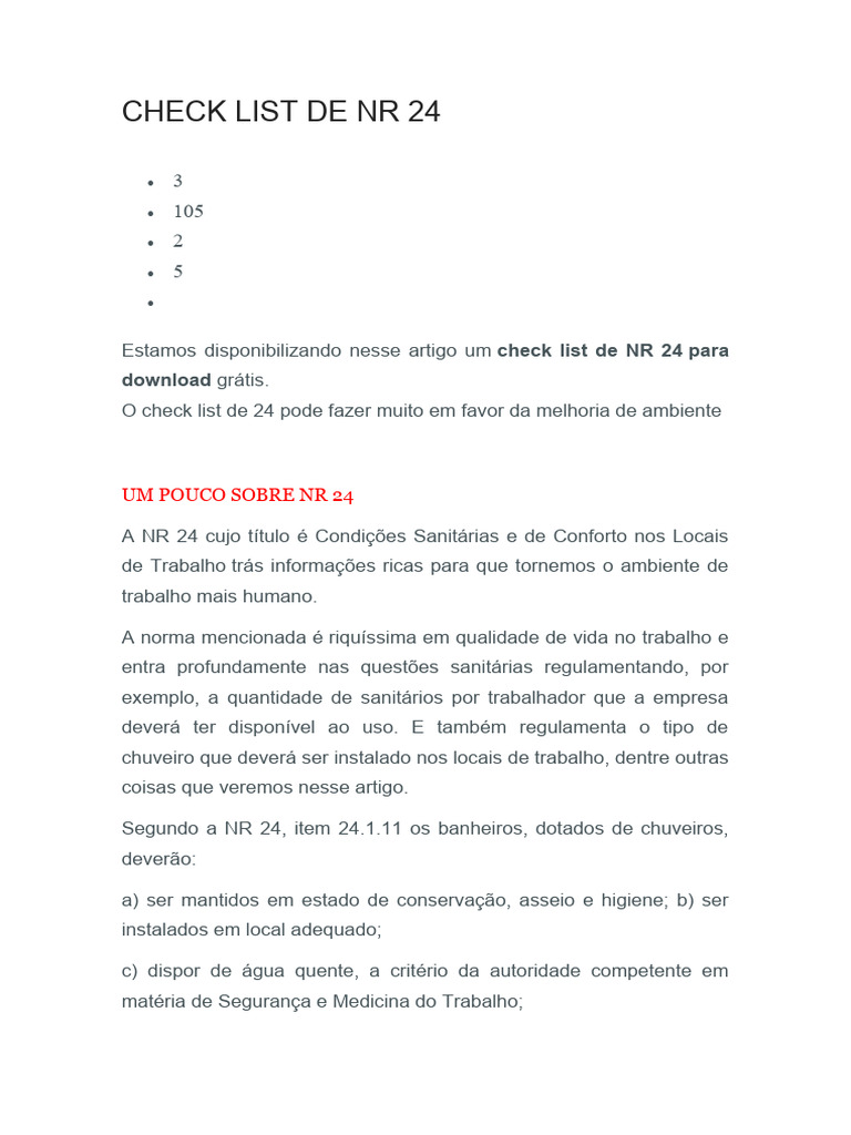 CHECK LIST DE NR 24 | PDF
