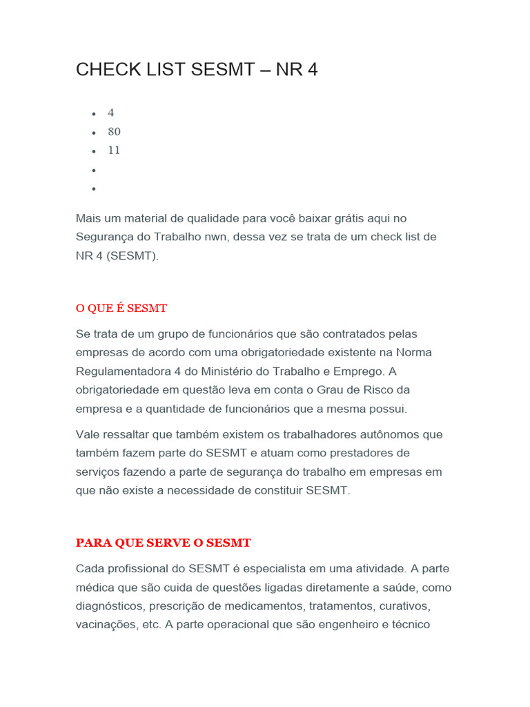 CHECK LIST SESMT – NR 4 | PDF