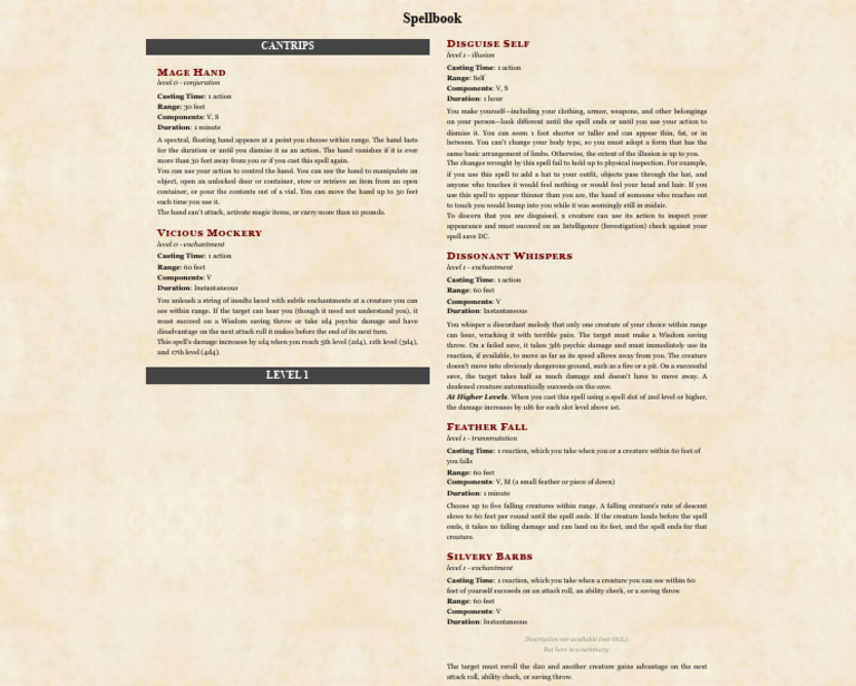 D&D Spellbook: Cantrips & Level 1 Spells | PDF