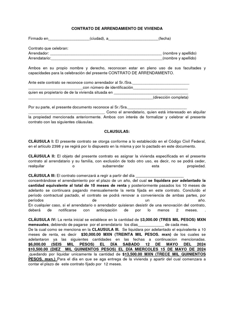 Contrato de Renta de Vivienda | PDF | Propiedad | Derecho civil ...