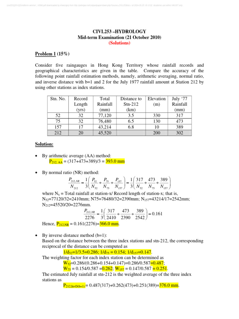 (Civl253) (2010) (F) Midterm Wmma 10066 | PDF | Applied Mathematics | Statistical Theory