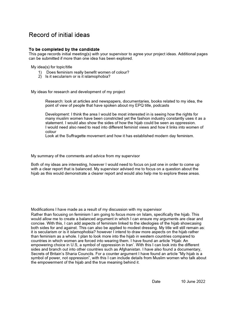 Record of initial ideas | PDF | Hijab | Feminism