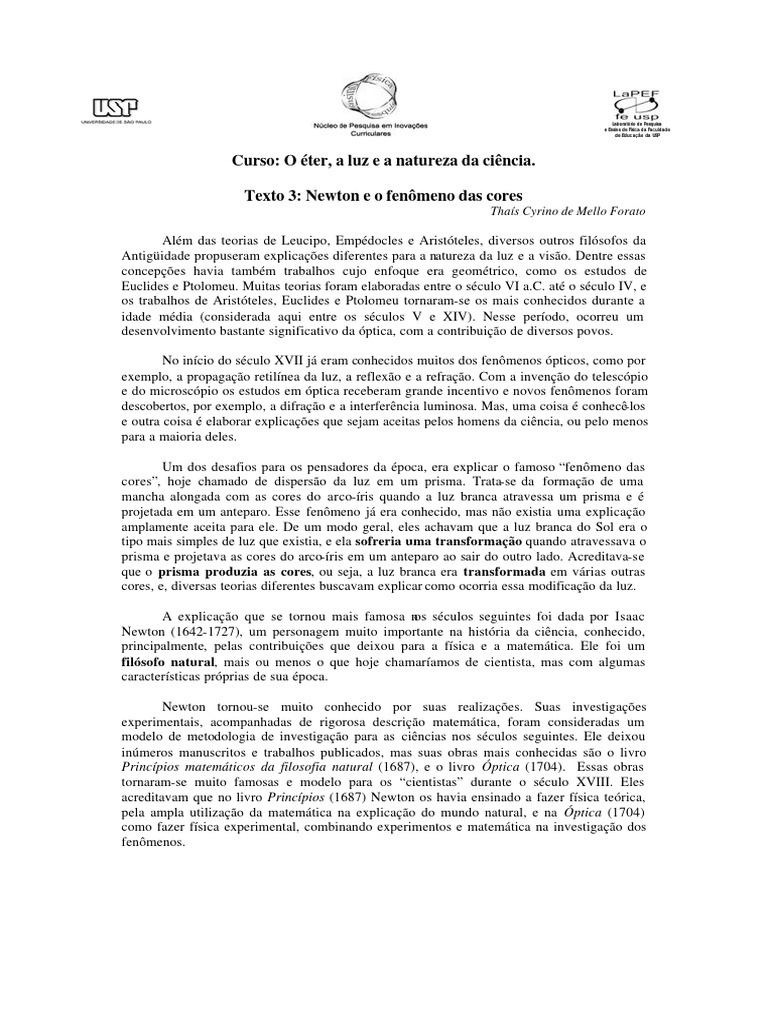 Newton e o Fenômeno das Cores | PDF | Isaac Newton | Luz