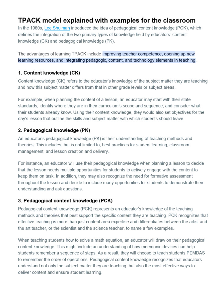 TPACK Model for Classroom Integration | PDF | Pedagogy | Teachers