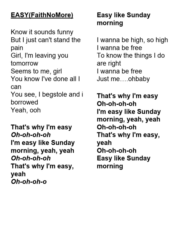 "Easy Like Sunday Morning Lyrics" | PDF