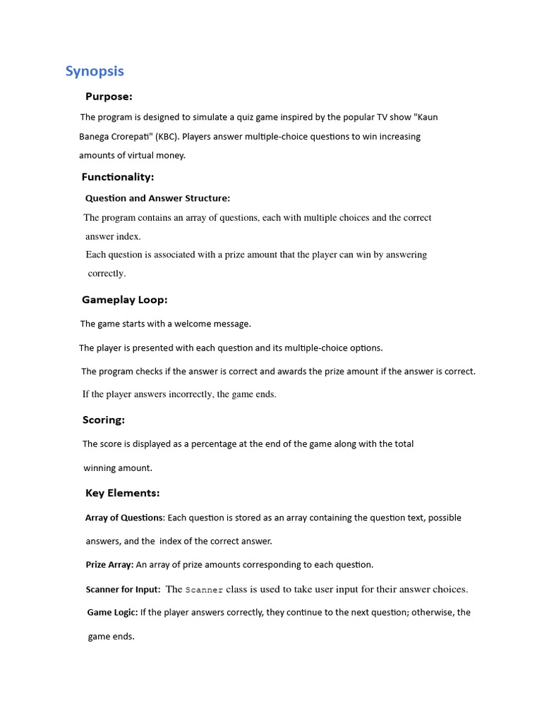 Synopsis KBC Quiz Game | PDF | Career & Growth | Games & Activities