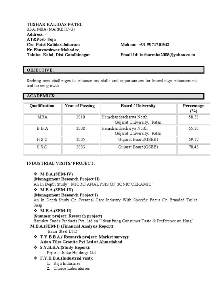 Tushar CV | PDF | Gujarat | Master Of Business Administration