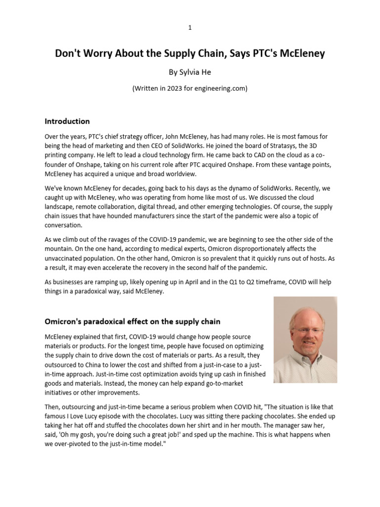 Don't Worry About The Supply Chain, Says PTC's John McEleny | PDF ...
