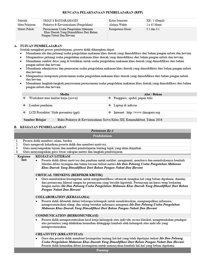 1.1 RPP I PKWU (Pengolahan) XII | PDF | Seni | Sains & Matematika