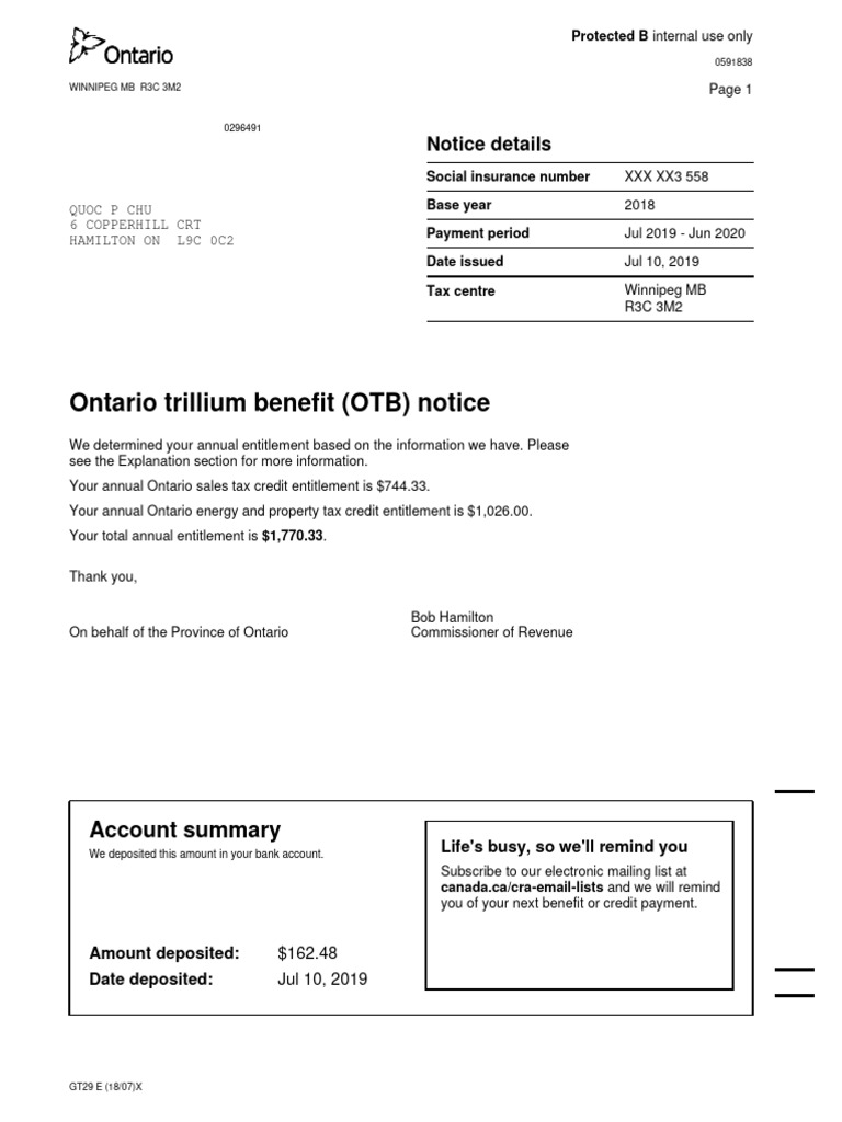 Ontario Trillium Benefit Notice 2019 | PDF | Taxes | Payments