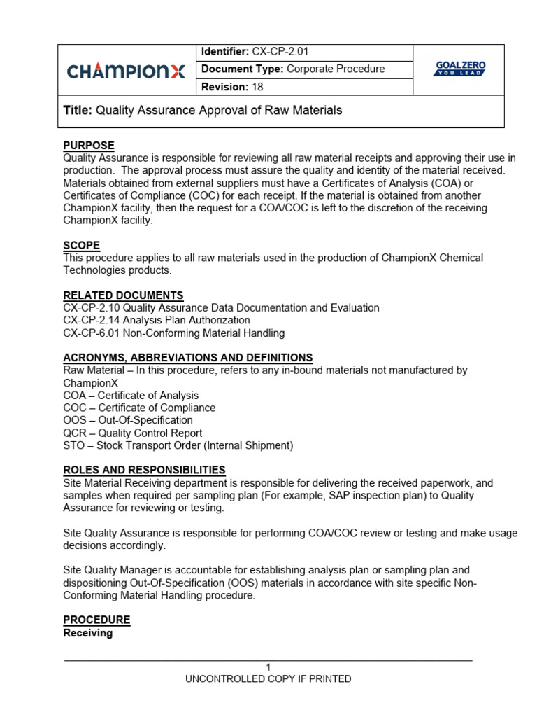 CX-CP-2.01 Quality Assurance Approval of Raw Materials | PDF | Quality Assurance | Specification ...