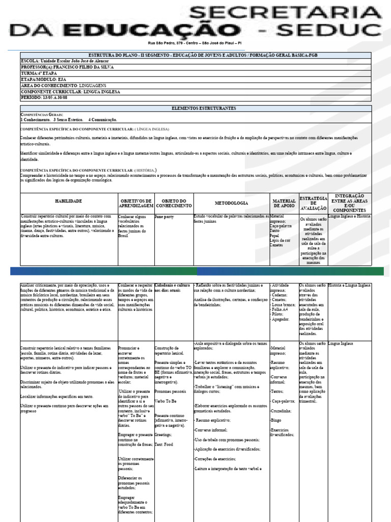 Eja - IV 2º Trim Planejamento 2024 | PDF | Aprendizado | Educação para ...