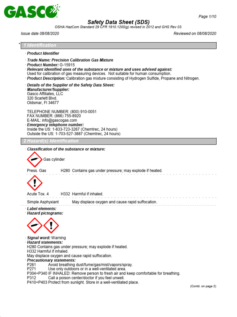 Sds-G-15915-H2s-Propane-N2 | PDF | Dangerous Goods | Safety