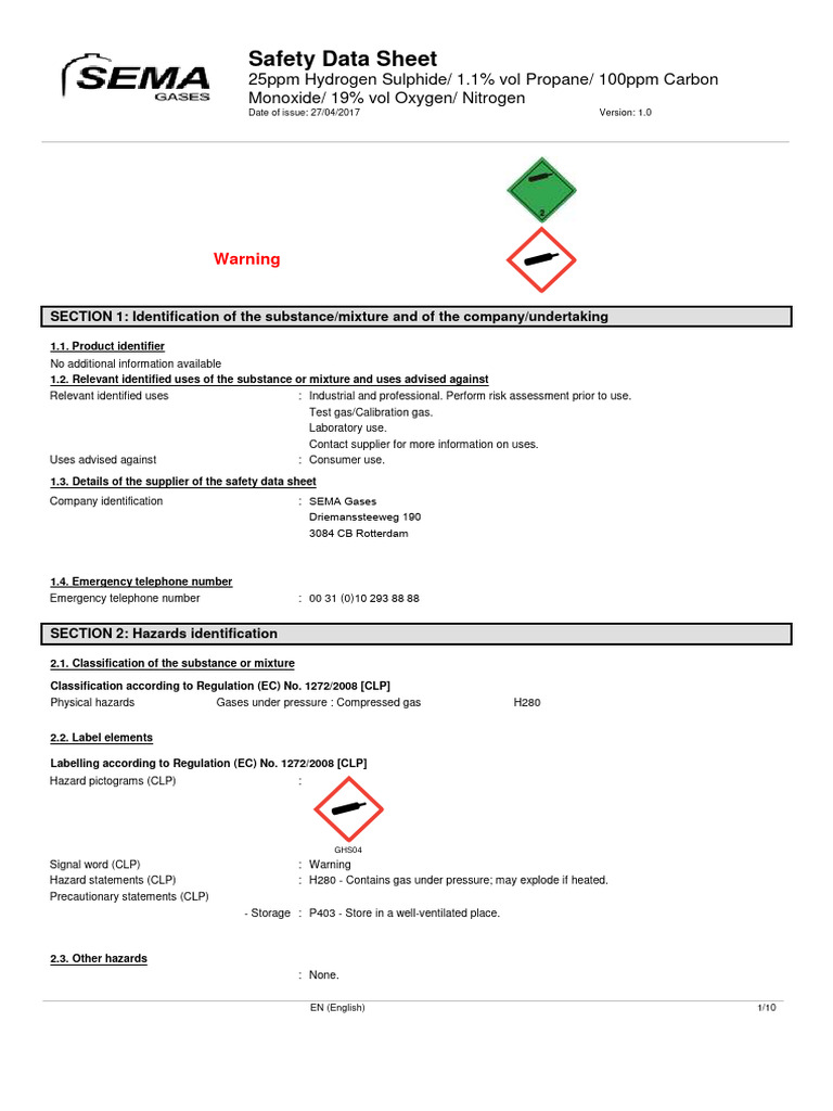 25ppm H2S 100ppm CO 1.1 Propane 19 O2 in Nitrogen | PDF | Chemical ...