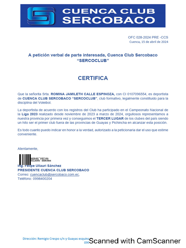 Certificado Club Sercobaco | PDF