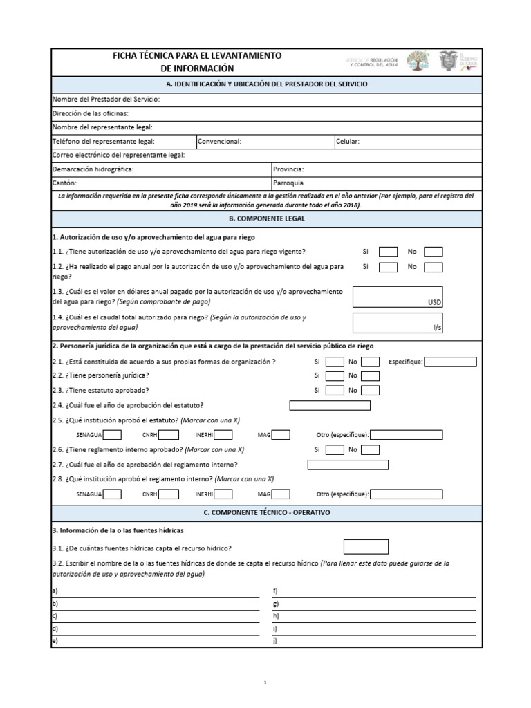 Anexo 1. Ficha Tecnica para El Levantamiento de Informacion - 19.06.19 | PDF | Riego | Agua