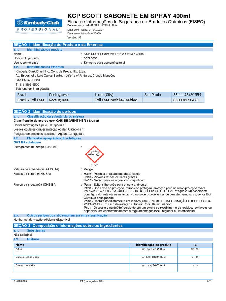 FISPQ-Scott Spray 400ml | PDF | Primeiros socorros | Queimadura