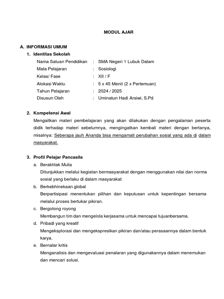 MODUL AJAR XII Sosio Sem.1 2024 | PDF