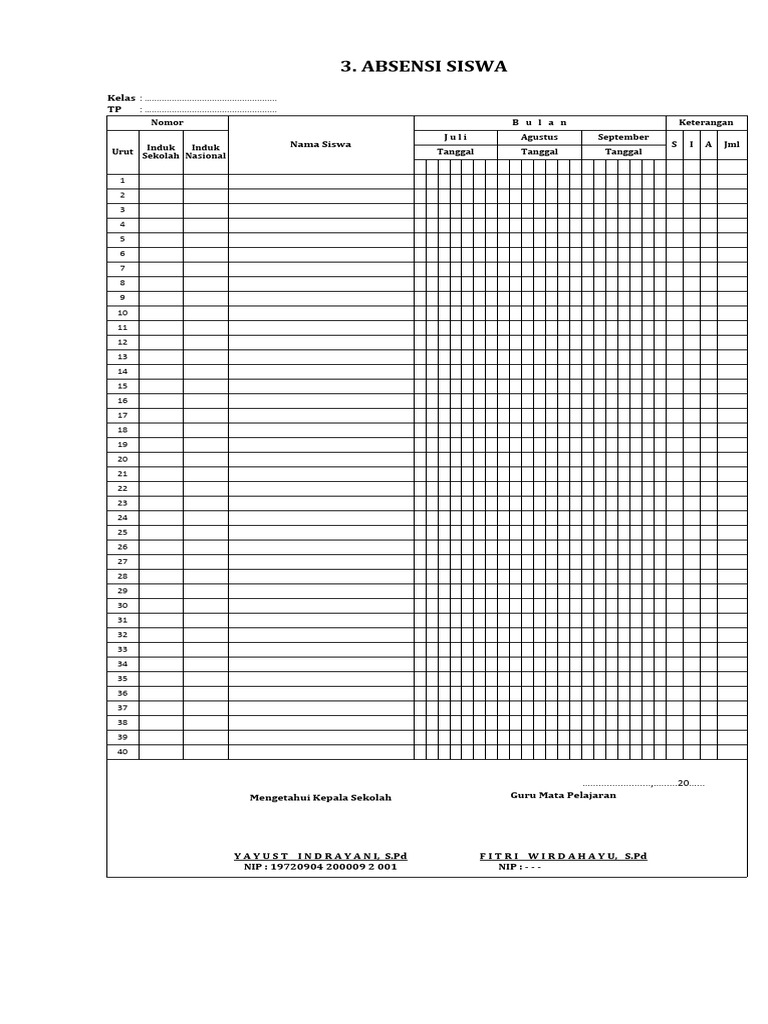 Form Absensi Siswa SD Sayangku | PDF